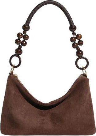 Generic Petit sac fourre-tout en daim synth&eacute;tique pour femme avec poign&eacute;es en perles pour voyage, shopping, usage quotidien, Noir, 11.42x7.48x3.94inch