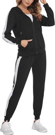 Parabler Survêtement 2 pièces pour femme - En polyester - Pour les loisirs - Veste à capuche et pantalon de sport - Tailles S à XXL, Noir, L