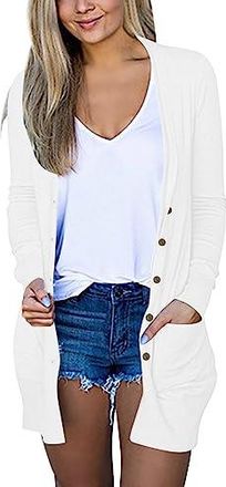 Generic IQYU Cardigan l&eacute;ger pour femme avec boutons et poches - Cardigan long - &Eacute;t&eacute; ample - Avec poches - D&eacute;contract&eacute; - Manches longues - Automne - Cardigan d