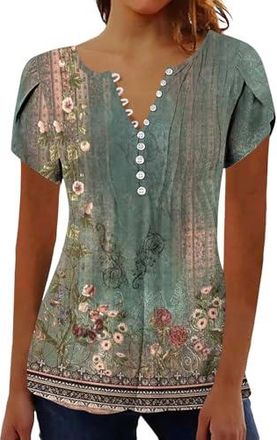 Onsoyours Chemisier Femme Chic Et Élégant Été Manches Courtes Tshirt Col V Button Blouses Fleurs Imprimé Plissées Tunique Tops Grande Taille Haut Pullover A07 V