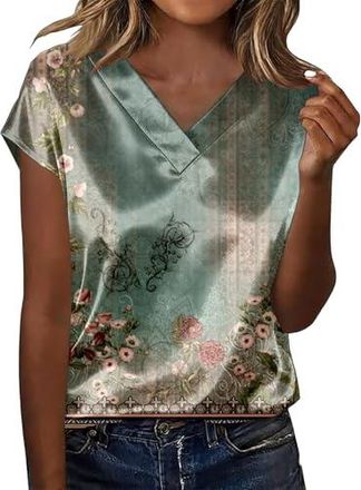 Generic Chemisier vintage &agrave; manches courtes et col en V pour femme | Chemise d&eacute;t&eacute; douce et l&eacute;g&egrave;re pour un usage quotidien, les vacances, les voyages, vert cla