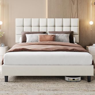 Yaheetech Bettgestell mit gepolstertem Kopfteil, Lattenrost aus Holz, quadratisches Kopfteil h&ouml;henverstellbar, modern, Beige, 160 x 200 cm