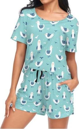 Mnsruu Ensemble de pyjama &agrave; manches courtes et motif mouettes pour femme, v&ecirc;tement dint&eacute;rieur avec poche, taille S, F612, M