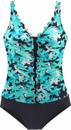 Petite Fleur Damen Badeanzug Rüschenkante, Softcups, Unterbrustgummi, Shaping-Einsatz, verstellbare Träger, Floralprint