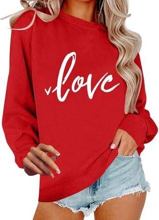 Generic Sweat-shirt romantique &agrave; manches longues pour femme - Coupe ample - Pull &agrave; manches longues - Pull d&eacute;contract&eacute; &agrave; col rond, Rouge, XXL