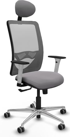 Piqueras y Crespo Schreibtischstuhl aus grauem Netzgewebe mit schwarzen und wei&szlig;en Armlehnen, h&ouml;henverstellbare Lendenwirbelst&uuml;tze und festes Kopfteil, ausgestattet mit