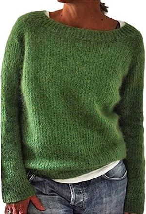 ORANDESIGNE Pull Femmes Couleur Unie Pull à Manches Longues Col Rond Automne Hiver Tricoté Blouse Hauts Décontracté Ample A Vert 3XL