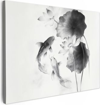 MuchoWow © Wandbilder 80x60 cm Schlafzimmer Home Deko Wohnung Bild Wohnzimmer Fotoleinwand Wand Bilder Leinwand Wall Decor Lotusblumen - Fische - Blätter - Sch