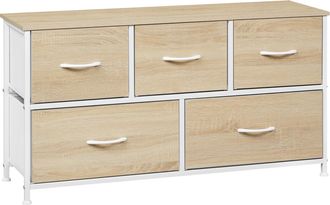 Woltu Kommode mit 5 Schubladen aus Stoff, Kommodenschrank Sideboard TV-Schrank, für Wohnzimmer Schlafzimmer Flur, aus Metallrahmen Holzwerkstoff, Helle Eich