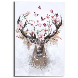 Reinders Wandbild, Hirsch in Blumen, Schlafzimmer, Bilder, Wanddeko, Room Decor, MDF, Rosa, 90 x 60cm