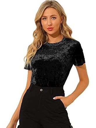 Allegra K T-Shirt en Velours Femme Haut D&eacute;contract&eacute; &agrave; Manches Courtes et Col Rond Pull Noir XS