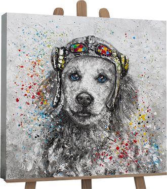 Yohji Yamamoto Art XXL Abstrakt Acryl Gem&auml;lde auf Leinwand Pilot Hund Labrador lustig handgemalt Wandbilder Wohnzimmer modern braun Wohndekor Bilder echte Kunst 90x9