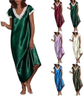 Generic Chemise de nuit en soie pour femme - Style classique et &eacute;l&eacute;gant - D&eacute;shabill&eacute; long avec bordure en dentelle - Coupe ample - Sans manches - Nuisette en 