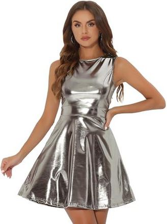 Allegra K Femme Robe &Eacute;vas&eacute;e Holographique &agrave; Taille Haute et sans Manches M&eacute;tallis&eacute;es de No&euml;l pour Femme Noir Argent L