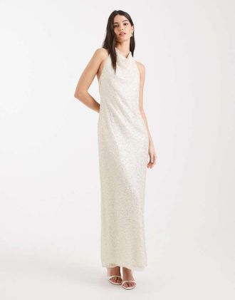 Forever New Robe de mari&eacute;e longue orn&eacute;e de sequins avec dos nu et col b&eacute;nitier montant - Ivoire-Blanc