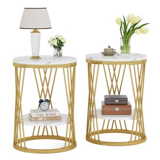 Tribesigns Runder Beistelltisch, moderner wei&szlig;goldener Beistelltisch mit Regalen, 2-st&ouml;ckiger Nachttisch, schlanker Kaffee-Snack-Tisch f&uuml;r Sofa, Couch, Schlafzim
