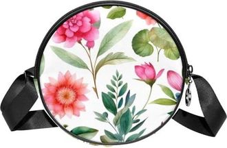 Generic Petit sac &agrave; bandouli&egrave;re circulaire pour femme, motif feuilles florales, sac &agrave; dos avec fermeture &eacute;clair, bretelles r&eacute;glables, sac &agrave; main rond d&eacute;contra
