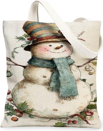Generic Sacs fourre-tout en toile motif bonhomme de neige de No&euml;l, sacs d&eacute;picerie r&eacute;utilisables, vintage, l&eacute;gers et lavables avec bandouli&egrave;re, blanc, 13x15 In