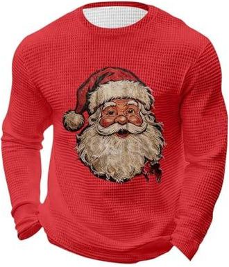 Generic Chemise de Noël pour homme - Col rond - Imprimé Père Noël - Manches longues - Imprimé gaufré - Pour Noël, fêtes, sports, rouge pastèque, XXL