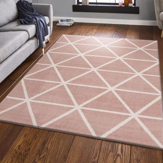 Vimoda Teppich Kurzflor Pastellfarben Weiss Rauten Design Robust in versch. Farben, für Wohnzimmer, Schlafzimmer, küche, Farbe:Rosa, Maße:120x170 cm