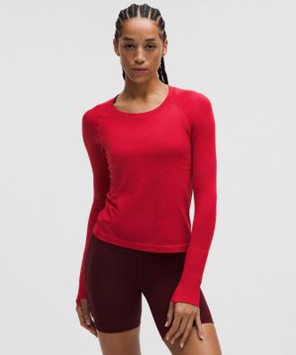 lululemon Swiftly Tech Langarmshirt 2.0 Taillenl&auml;nge f&uuml;r Frauen - Gr&ouml;&szlig;e 10 in Oxford Red