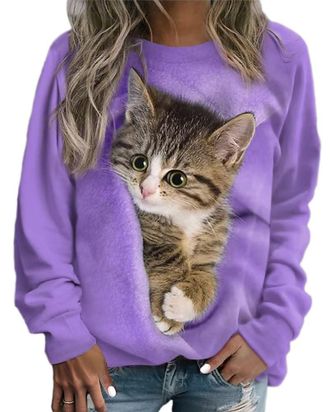 Onsoyours Pullover Damen Sweatshirt Herbst Winter Frauen Drucken Langarm Kapuzenpullover mit Katze Motiv Hemd Locker Casual Oberteil Bedruckte Tops Sweatshirts 