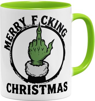 OM3 lustige Merry Fucking Christmas Kaffee-Tasse mit Spruch - Mittelfinger Weihnachten - Keramik Becher - 325ml - Beidseitig Bedruckt - Hellgr&uuml;n