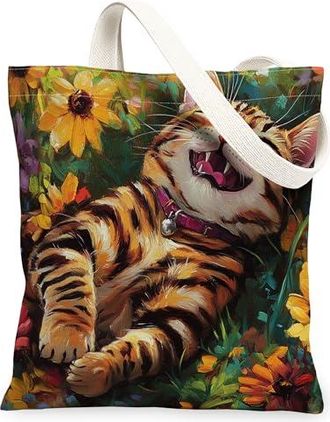 Generic Sac fourre-tout en toile motif chats du Bengale printanier, 33 x 38,1 cm, motif fleurs color&eacute;es, sac d&eacute;picerie r&eacute;utilisable pour femme, animal de comp