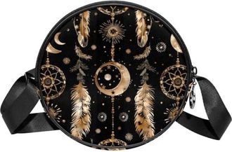 Generic Sac &agrave; bandouli&egrave;re rond pour femme, motif attrape-r&ecirc;ves, plumes, petit sac &agrave; dos &agrave; bandouli&egrave;re avec fermeture &eacute;clair, bretelles r&eacute;glables, sac &agrave; main r