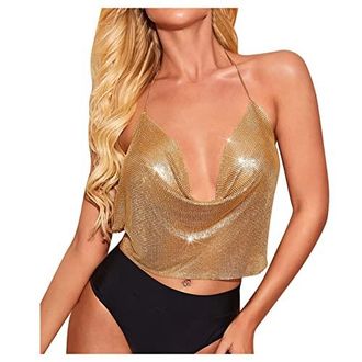 Generic D&eacute;bardeur dos nu pour femme, haut court &agrave; paillettes pour femme, coupe ample, gilet brillant, dos nu, l&eacute;ger, costume de danse du ventre, tenue de fest