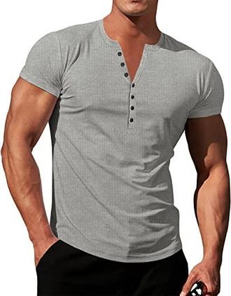 Generic Chemise en coton et lin pour homme - Polo &agrave; col rond - Demi-bouton - Manches courtes - T-shirt Henley - Coupe muscl&eacute;e - Couleur unie - T-shirt d&eacute;t&eacute; l&eacute;