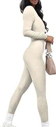 ORANDESIGNE A Beige Combinaisons de Yoga Femme Tricot Côtelé Col Carré Slim Sexy Overall Extensible Manches Longues Sports Entraînement Rembourrage de Silhouette 