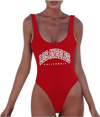 Generic Maillots De Bain Femme Gainant Et Amincissant Mode Lettre Imprimer pièce Sexy Bikini Bain sans Manches Dos Nu (Red, L)