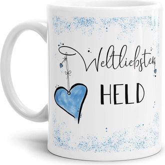 Tassendruck Tasse mit Spruch - Weltliebster Held - Geschenk f&uuml;r Freund, Partner und liebsten Mann - Wei&szlig;, 300 ml
