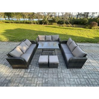 Fimous Fimous 11-Sitzer Polyrattan Gartenm&ouml;bel Set mit Rechteckiger Esstisch 2 kleine Fu&szlig;hockern Polyrattan Garten Sofa im Freien Set