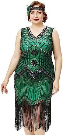 Babeyond Robe à Franges et col en V pour Femme, Style 1920 Gatsby Le Magnifique, Vert, Taille 3XL