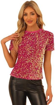 Allegra K Chemisier en Velours &agrave; Sequins pour Femmes Haut Paillettes &agrave; col Rond et &agrave; Manches Courtes T-Shirt Brillant Rose Vif M