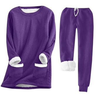 Generic Pyjama en polaire pour femme, ensemble décontracté 2 pièces à manches longues, ensemble de vêtements dhiver, violet, XXL