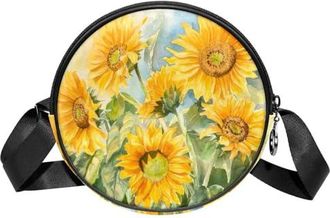 Generic Petit sac &agrave; bandouli&egrave;re rond pour femme, motif tournesol avec fermeture &eacute;clair, bretelles r&eacute;glables, style d&eacute;contract&eacute;, pour femmes et filles