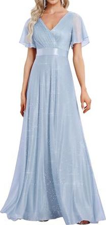 Ever-pretty Robe Longue de Soiree Tulle Pliss&eacute; Femme Manches Courtes Col V A Line Taille Empire Brillante &Eacute;l&eacute;gante Glace Bleue44