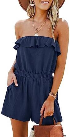 ORANDESIGNE Combishort Femme Ete Fluide Bandeau Combinaison Short Chic et Elegant Pantalon Court Large Bustier Epaule Nue Uni Décontracté Jumpsuit Overall Shorts 