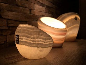 Maison Zoe Alabaster-Stein Kurvige Schale Set hell matt - 3er Set - handgeschnitzte Kerzenhalter - Deko ~ 1,5Kilos