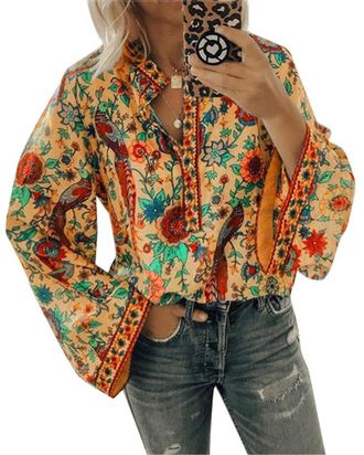 ORANDESIGNE Damen Vintage Bohemian Blusen Hippie Blumen Bluse Boho Tunika Elegante Oberteile Tops Langarm Shirt A Orange XXL
