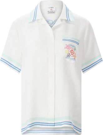 Casablanca Femme, Blouses et Chemises, Blanc, Taille: 40 FR Floral Cuban Collar Short Sleeve Silk Shirt