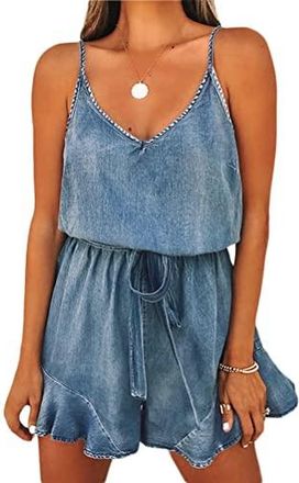 ORANDESIGNE Combishort Femme Ete Chic Jeans Salopette Short Jumpsuit Casual Vintage Romper Combinaison Court Pantalons Denim Combipantalon Barboteuse Playsuit Ove