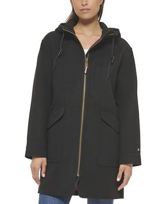 Tommy Hilfiger Belted Zip Up Wool Coat Manteau en Laine &agrave; Double Boutonnage, &Eacute;paules Tombantes Noir, XX-Small Femme