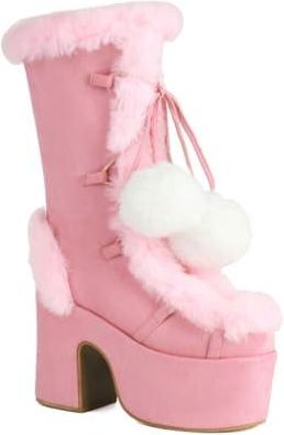 Generic Bottes Mi - Mollet en Fausse Fourrure Adorable Pompons Femme À Lacets Plateformes Talons Carrés Stylées Hiver Casual Fête Robe Bottes,Rose,43 EU
