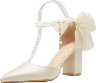 Generic Qynthra Escarpins de Mariage élégants pour Femme - Satin avec Bride Cheville Perle & noeud, Bout Pointu Talon Bloc pour cérémonie & réception,Almond 6