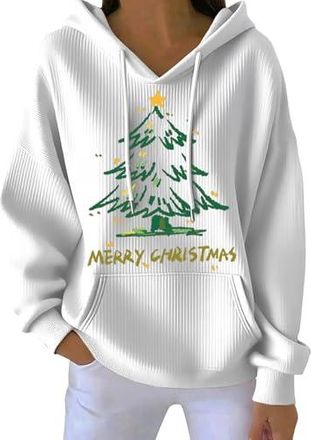 Generic Sweat à capuche de Noël léger pour femme, surdimensionné, tendance, à manches longues, décontracté pour entraînement, fête, cadeaux de Noël, blanc, XX