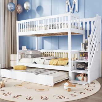 Myboo Kinderbett Etagenbett 90x200, Hochbett f&uuml;r 3 Kinder, Hausbett mit Ausziehbarem Bett&Treppenschrank, Doppelbett Holzbett Stockbett Jugendbett mit Latte